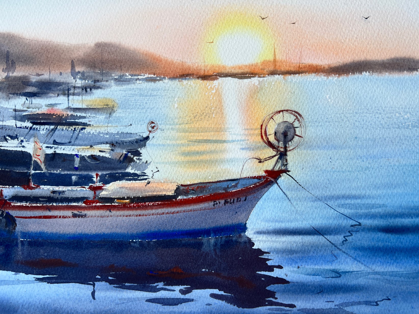 Fishing Boat Painting Original Watercolor, Cyprus Artwork, Coastal Art ...