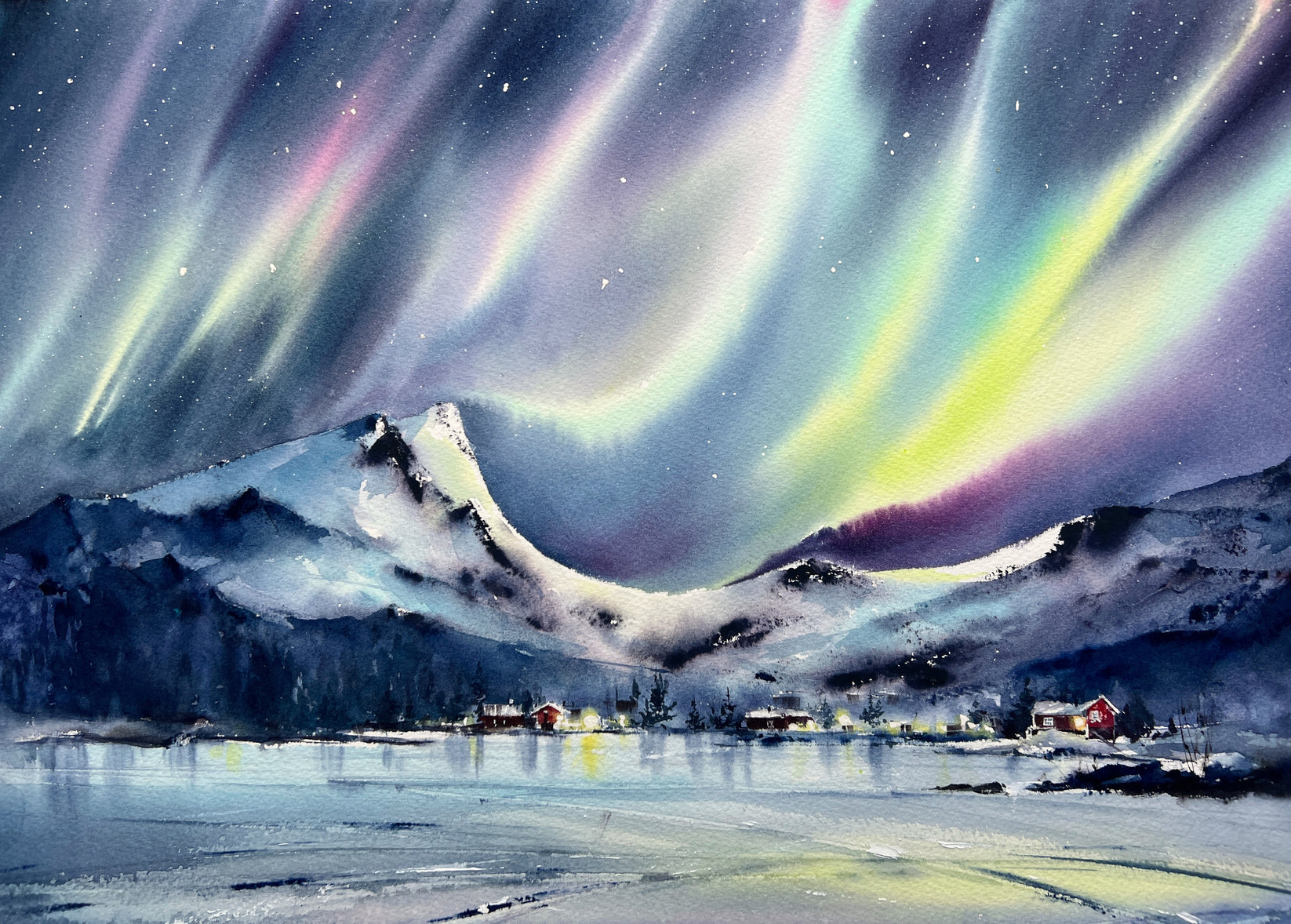 Lofoten Islands Painting Original - Northern lights, Norway #4 - 15x22 ...