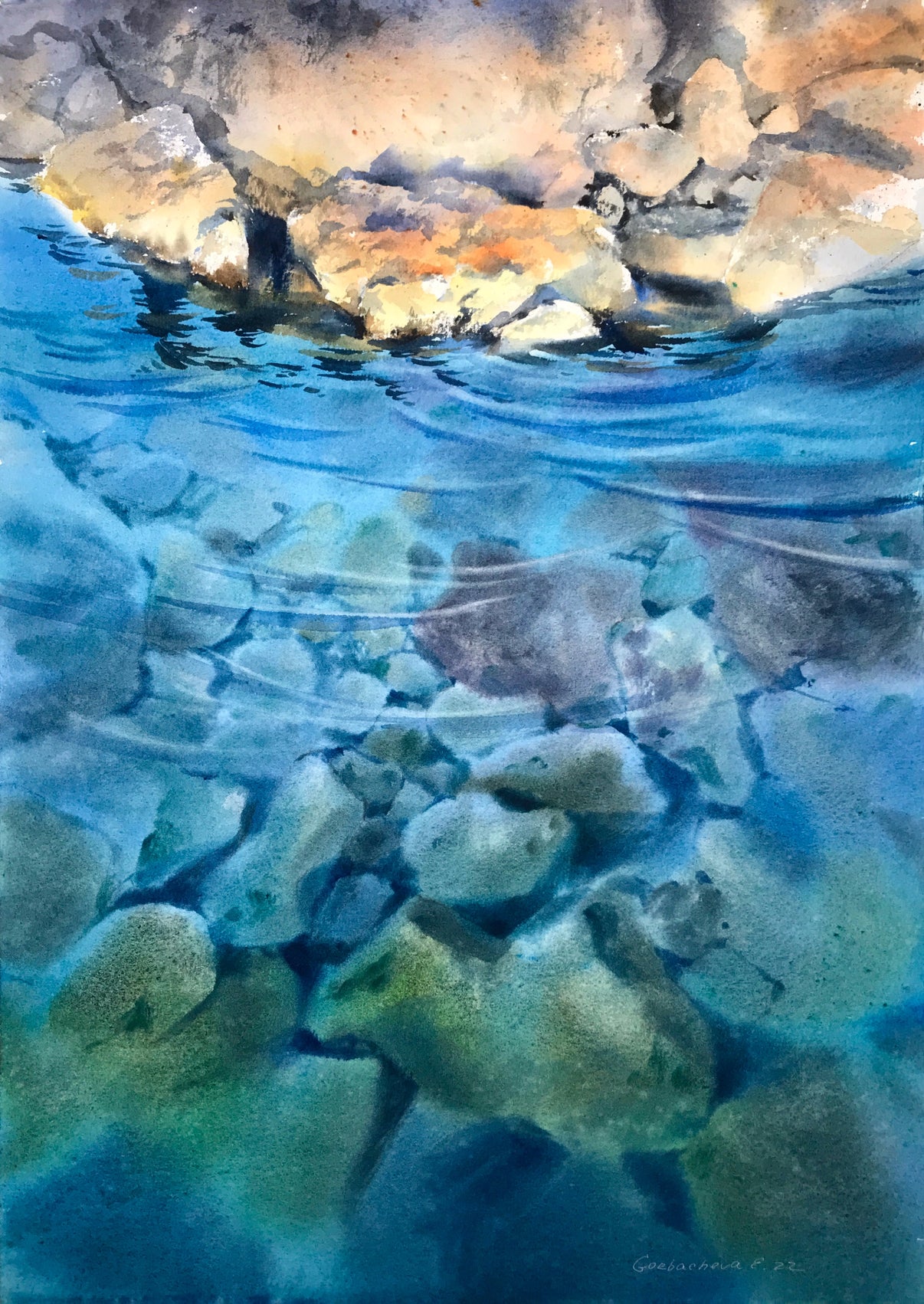 Sea Surface Painting, Original Watercolor Artwork, Undersea Stones Art ...